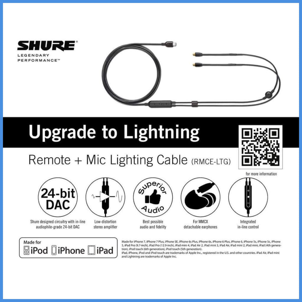 SHURE RMCE‐LTG Remote + Mic Cable for SE Earphones MMCX Lightning Upgr